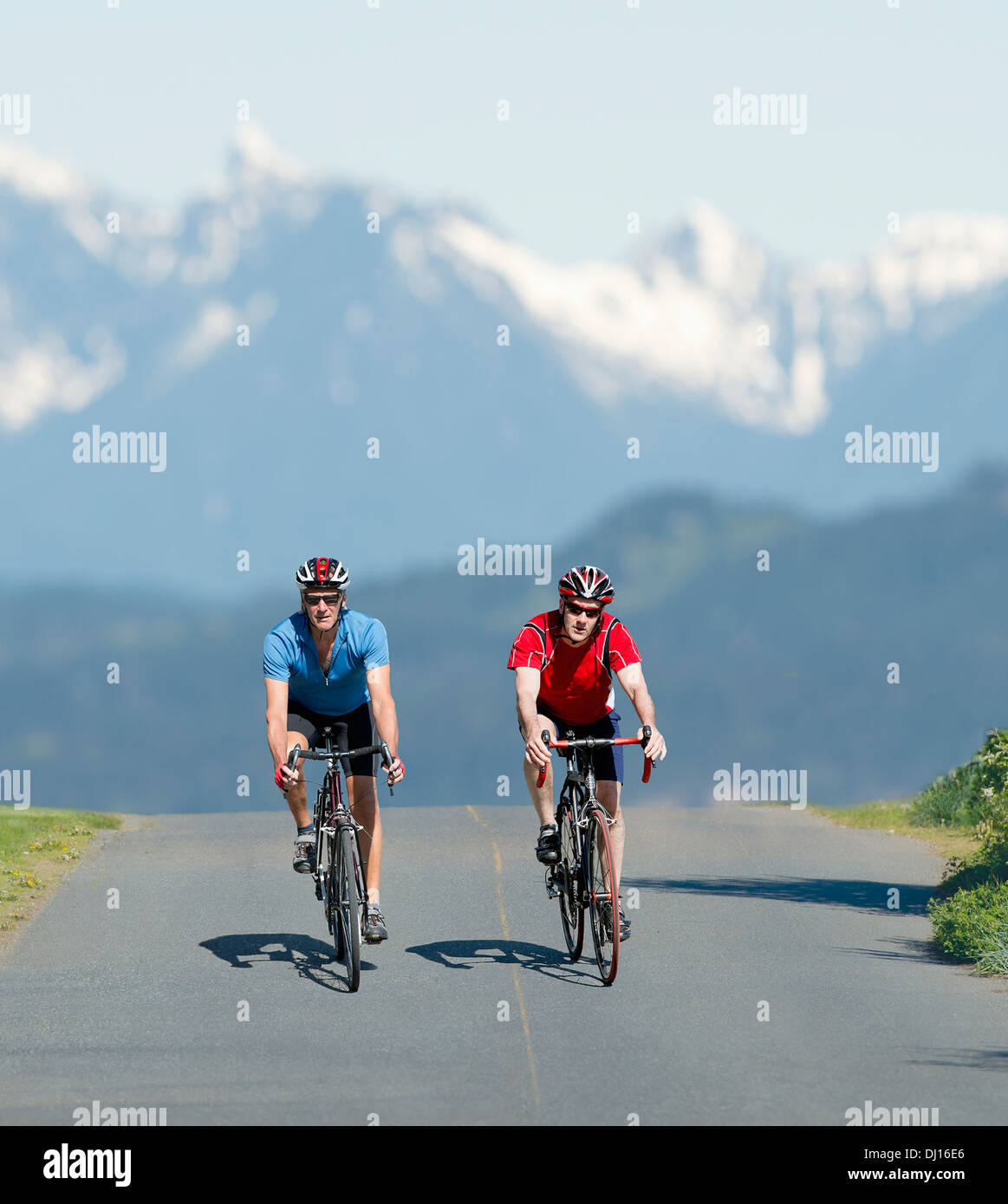 Two Caucasian Men Cycling On Road Bicycles; Vancouver Island, British ...