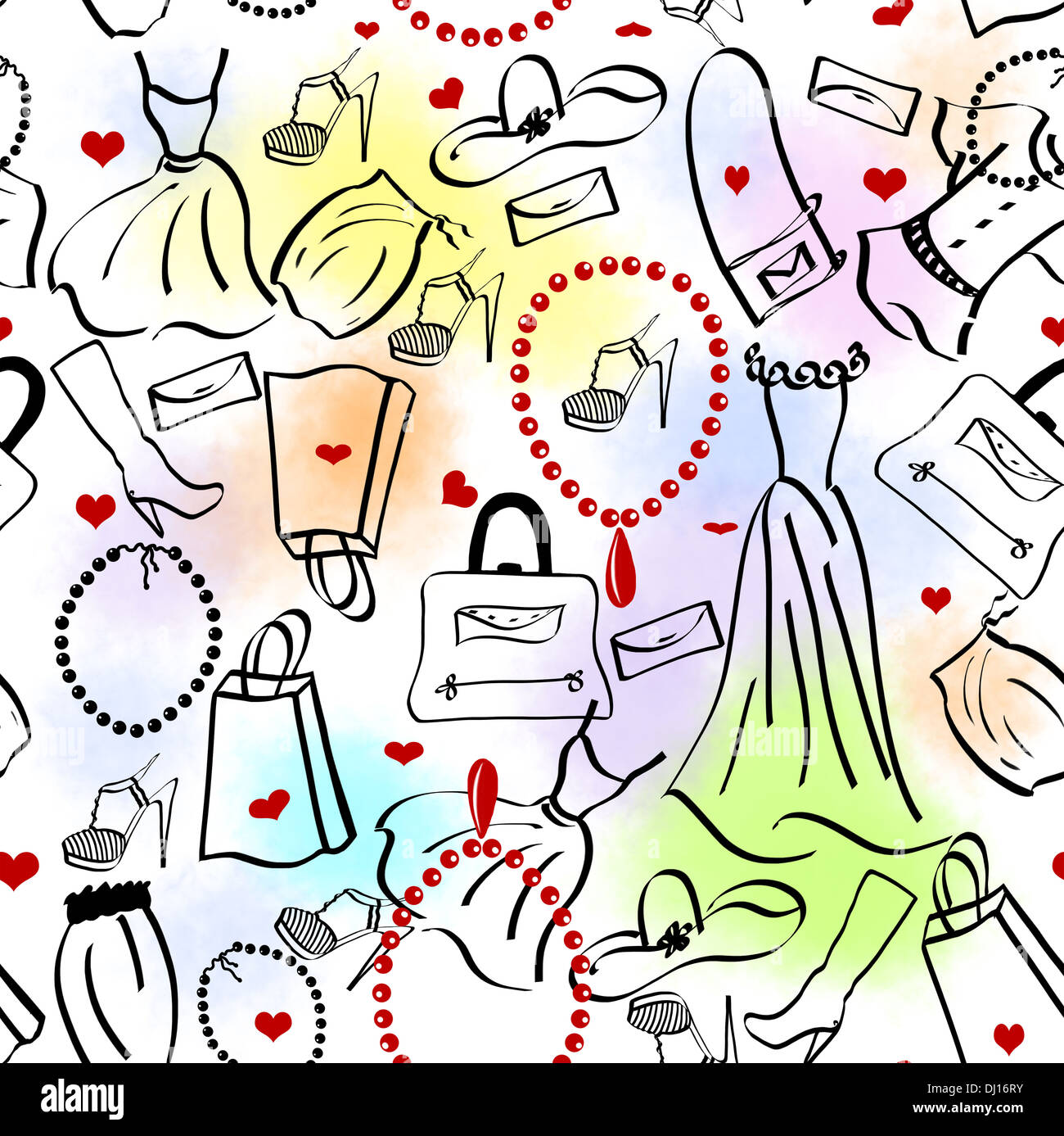 Sketches of women's clothing and accessories. Seamless background Stock ...