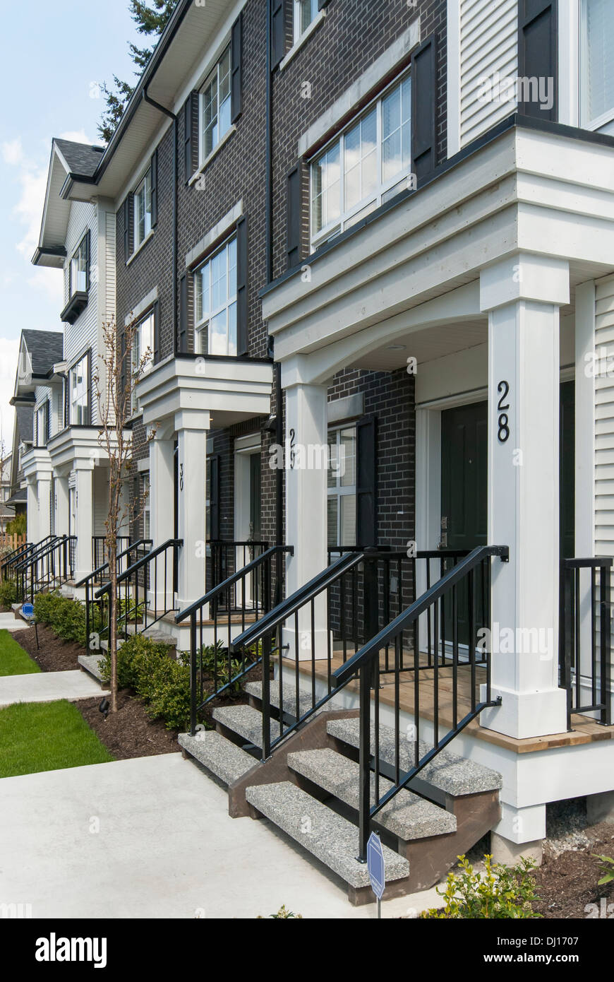 Modern Townhouse Row Exterior With Sidewalks And Porches; Surrey ...