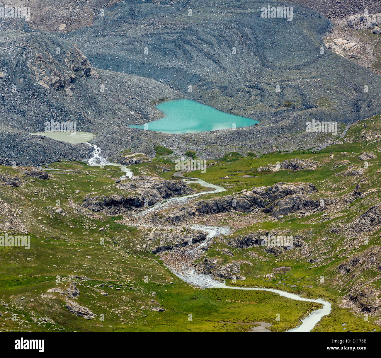 Heart-shaped lake and river flowing from glacier Stock Photo - Alamy