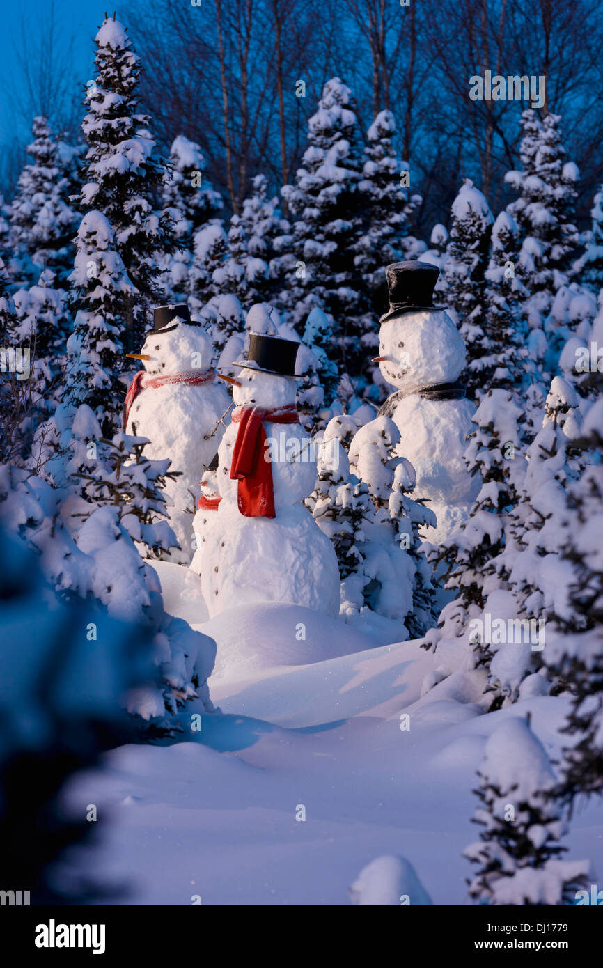 Snowman Family Wearing Scarves And Black Top Hats Standing In Front Of ...