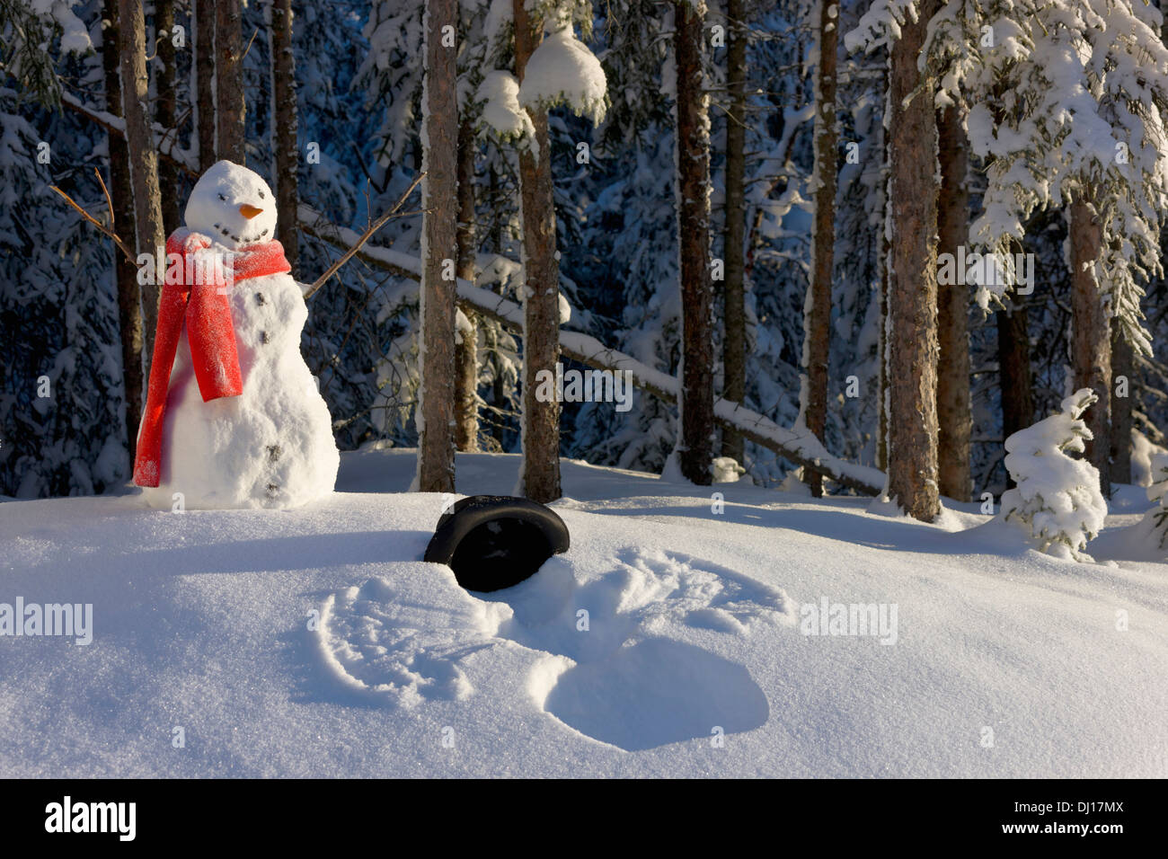 Snowman And Freshly Made Snowman Snow Angel In Front Of A Spruce Forest ...