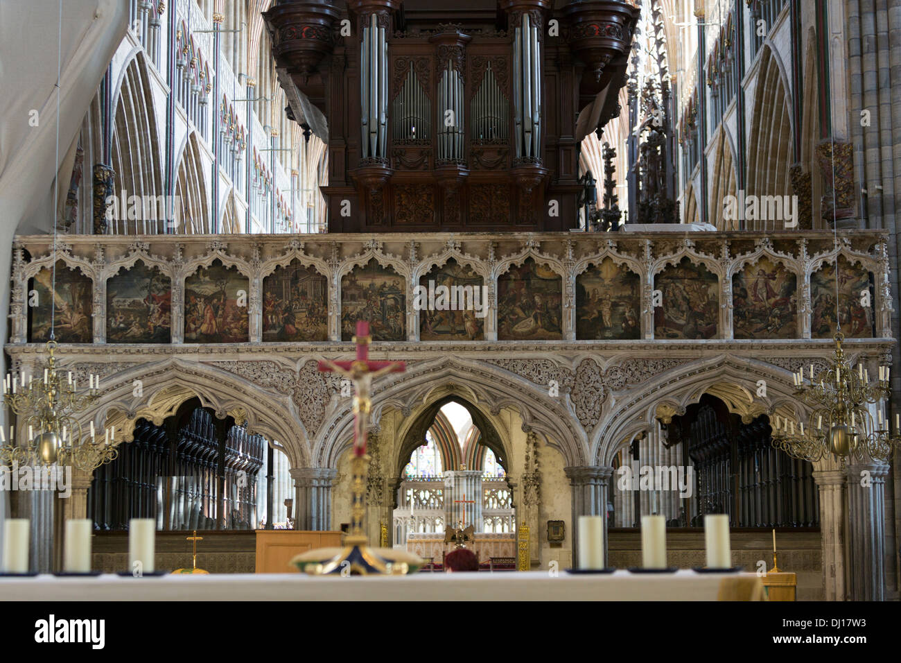 Exeter Cathedral Choir Screen with paintings in the panels and organ ...