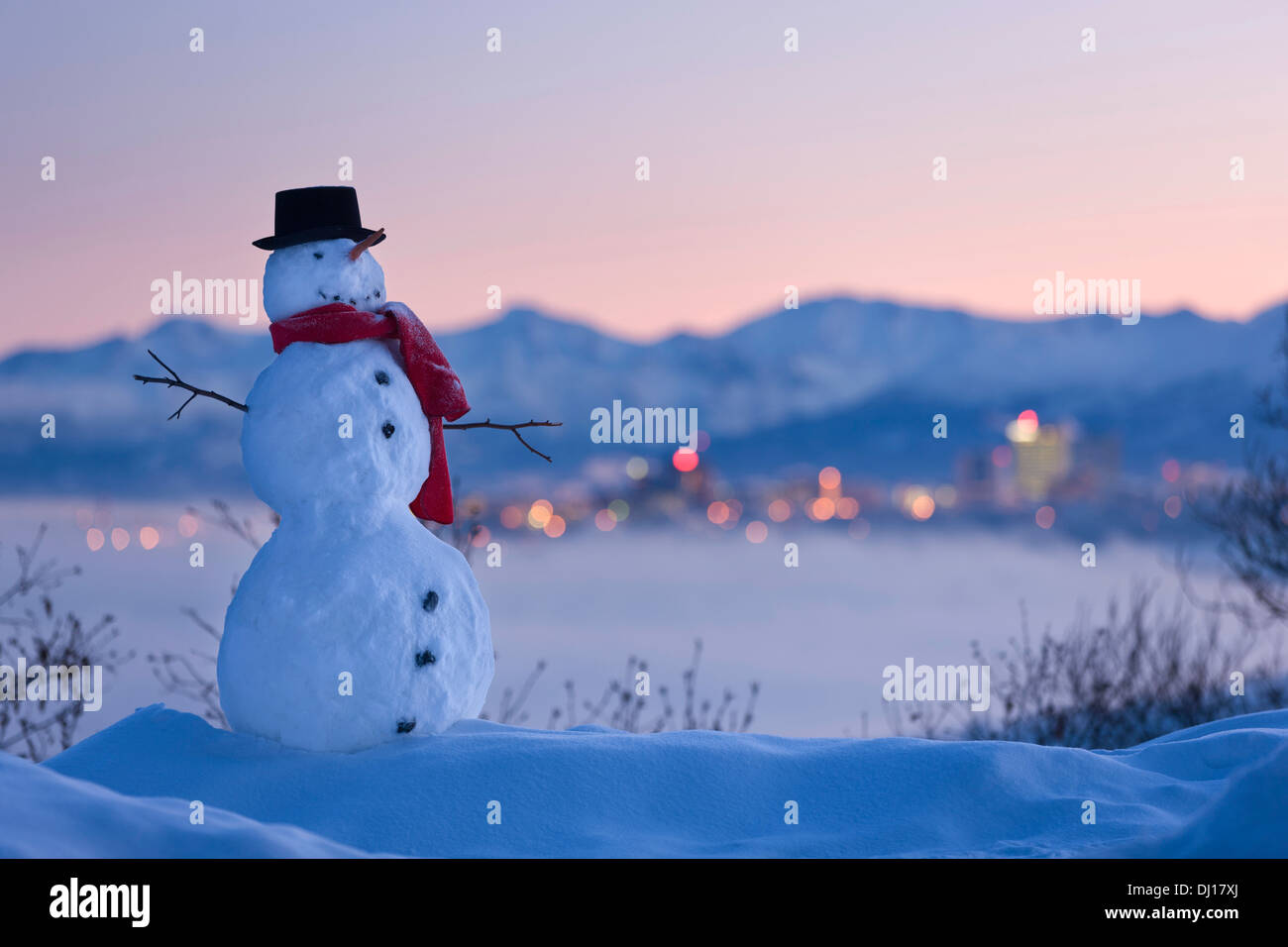 Snowman In Front Of Downtown Skyline At Dawn Knik Arm And Chugach ...