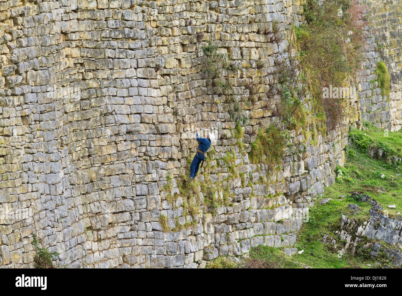Man on a rope hanging from the Outer Wall of Kuelap Fortress, Kuelap ...