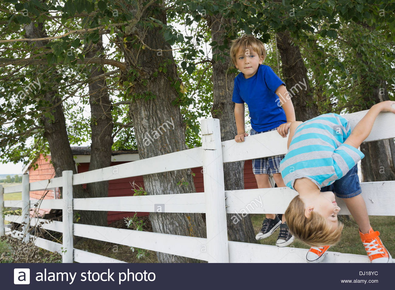 Playful boys climbing on a fence Stock Photo - Alamy