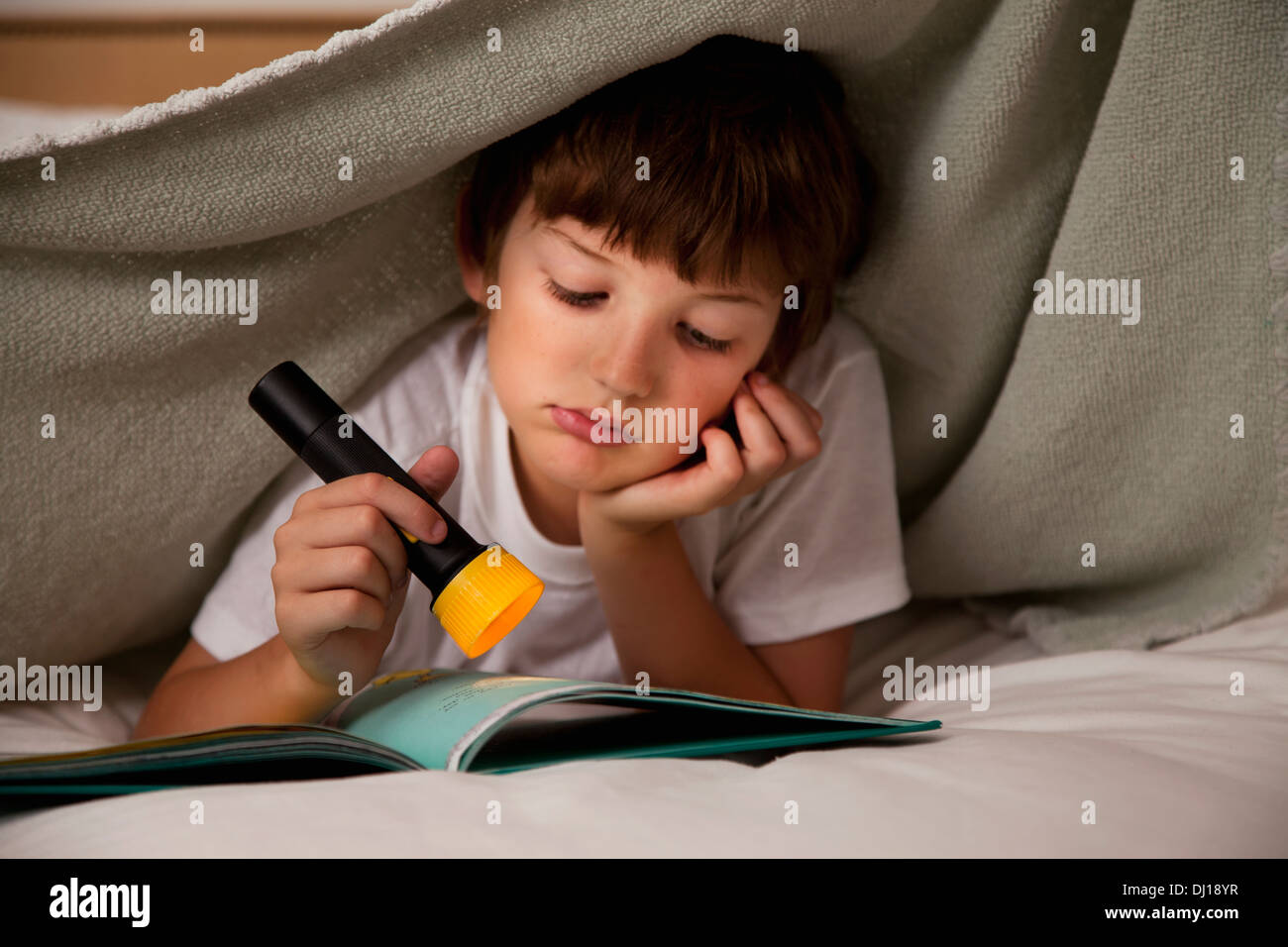 Boy Reading Book Under Covers High Resolution Stock Photography and ...