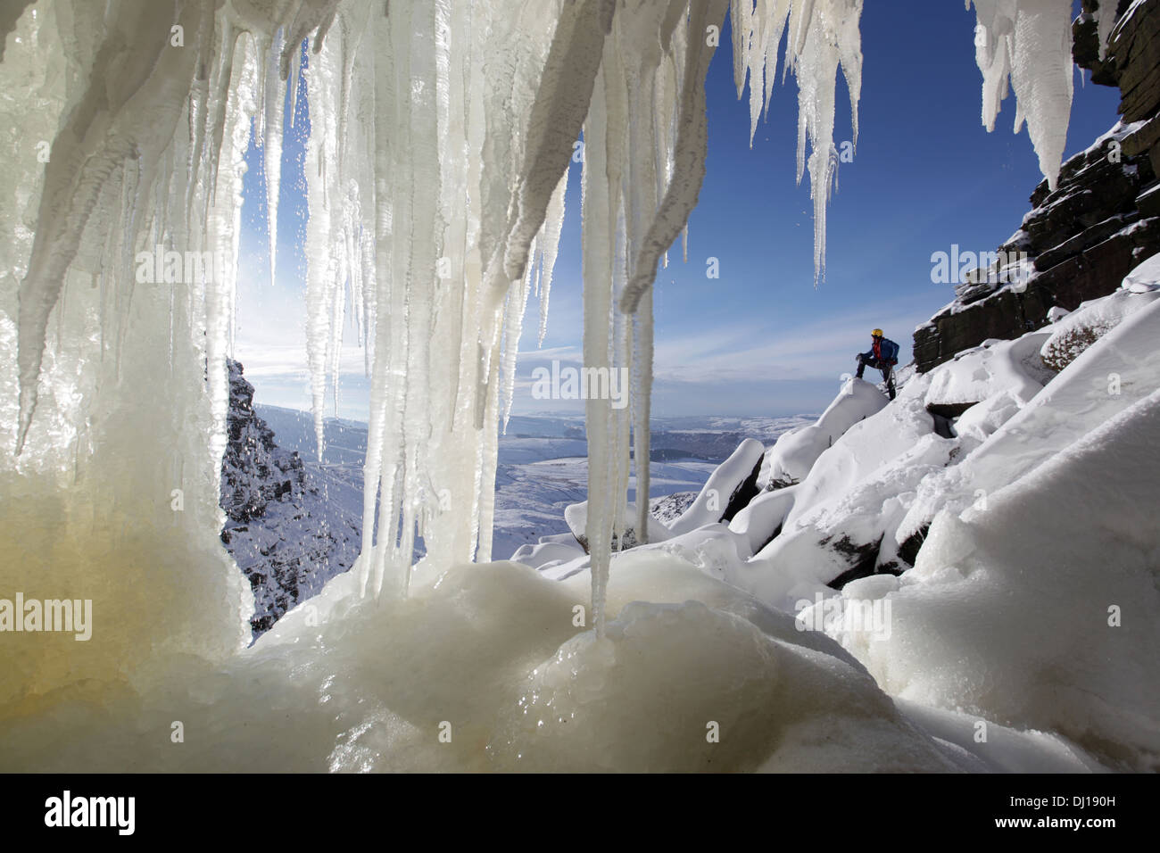 Derbyshire, UK. Ice climbers tackle the freshly formed icicles and ...