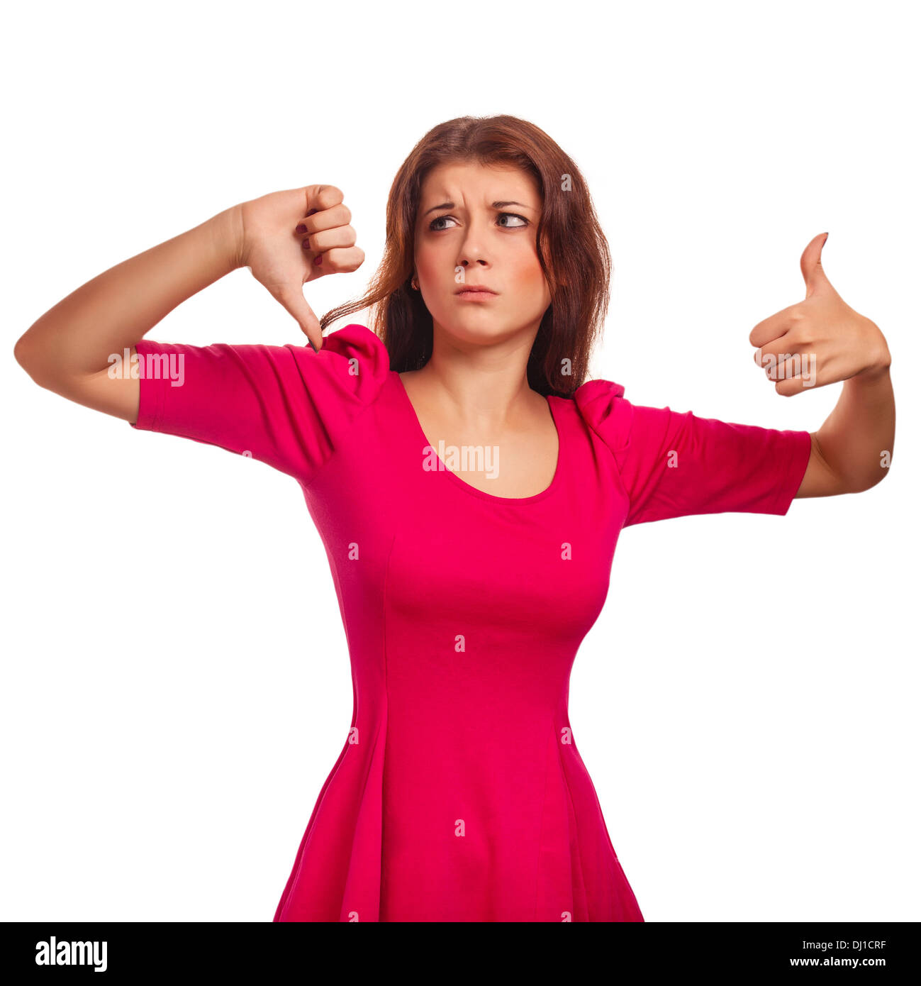 woman shows signs girl yes and no, hand fingers isolated on white red ...