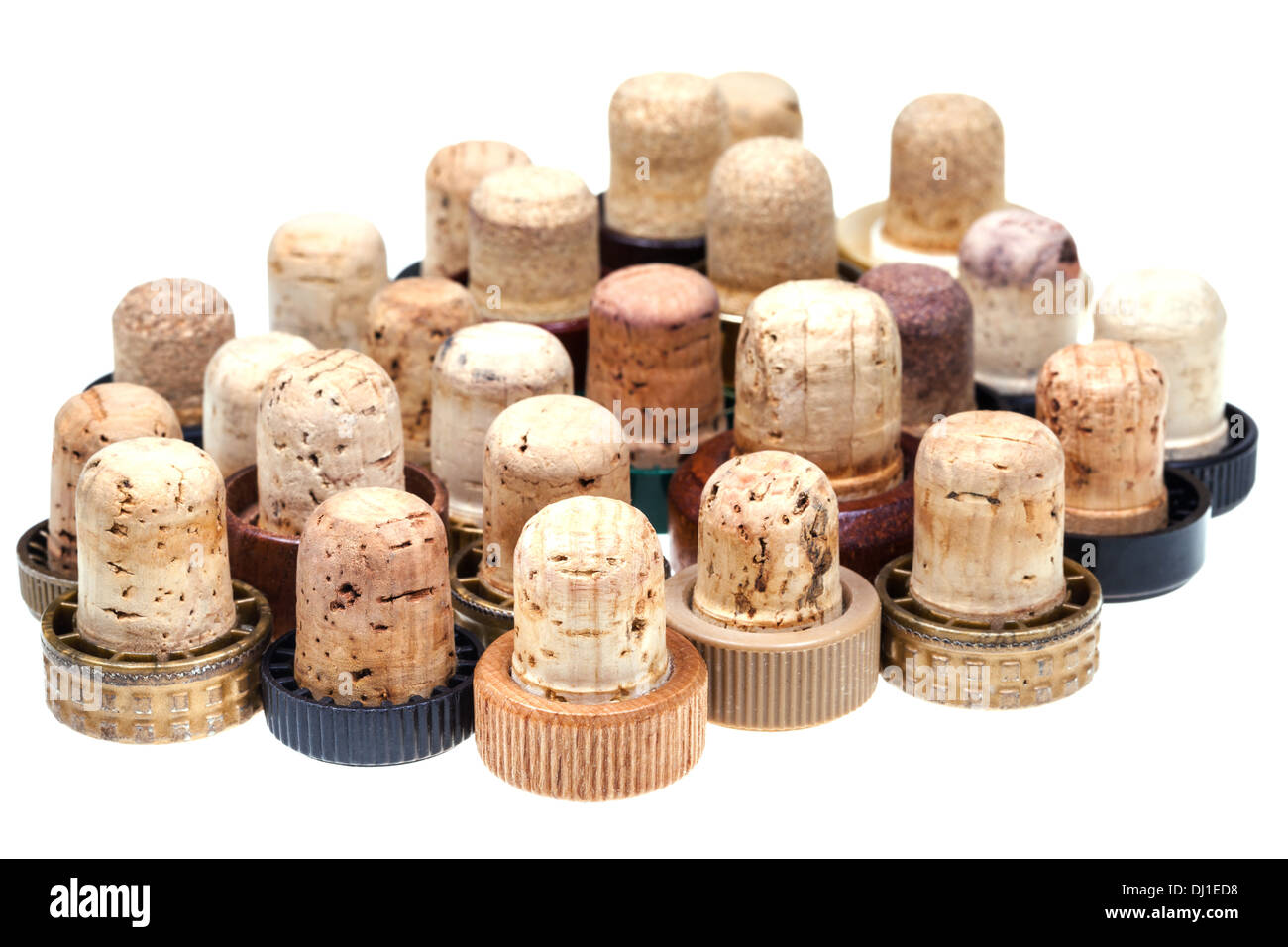 many used corks from alcoholic spirits isolated on white background ...