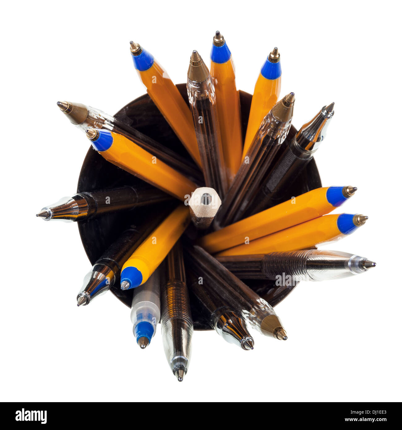 top view of simple pens and pencil in glass isolated on white ...