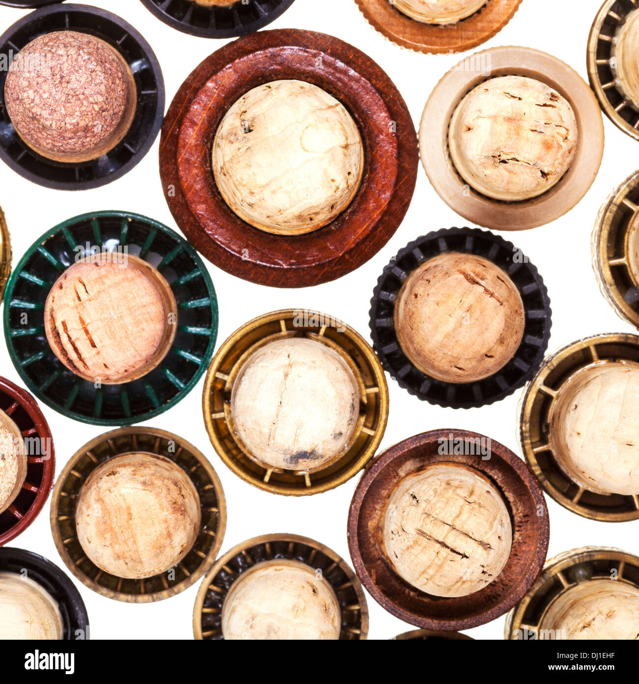 top view of many corks from strong drinks isolated on white background ...