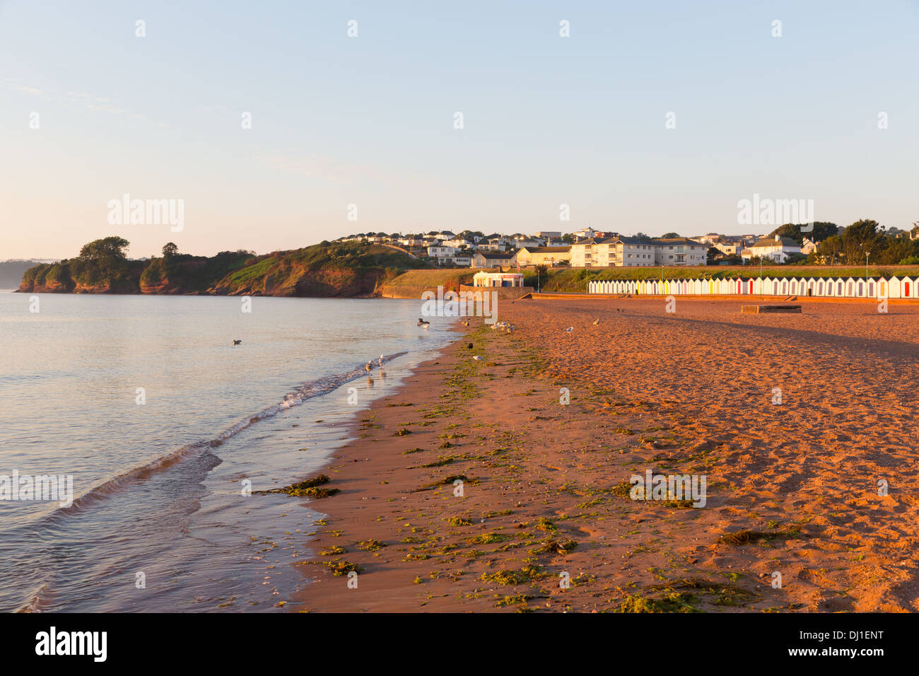 Goodrington beach near Paignton Devon England with colourful beach huts ...