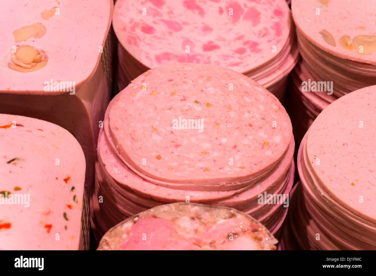 sausages and cold meat for sale at butcher Stock Photo - Alamy