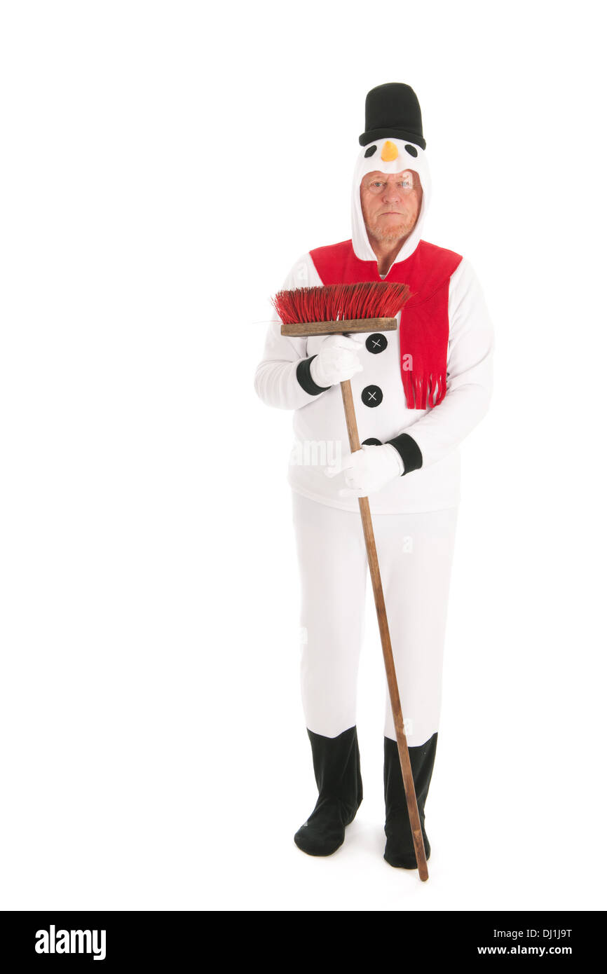 Human snowman is cleaning the street with broom Stock Photo - Alamy