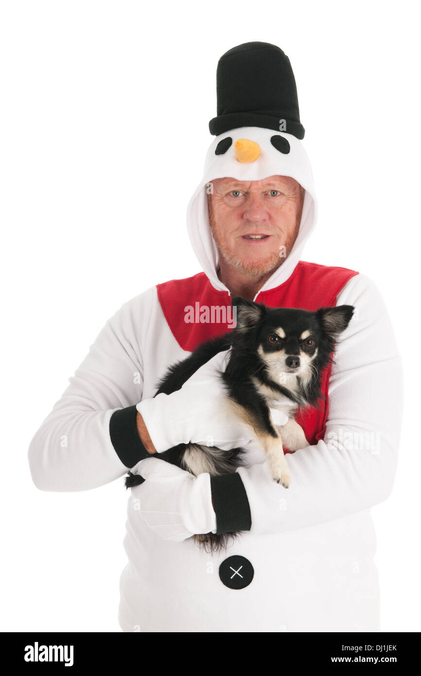 Human snowman with little Chihuahua dog isolated over white background ...