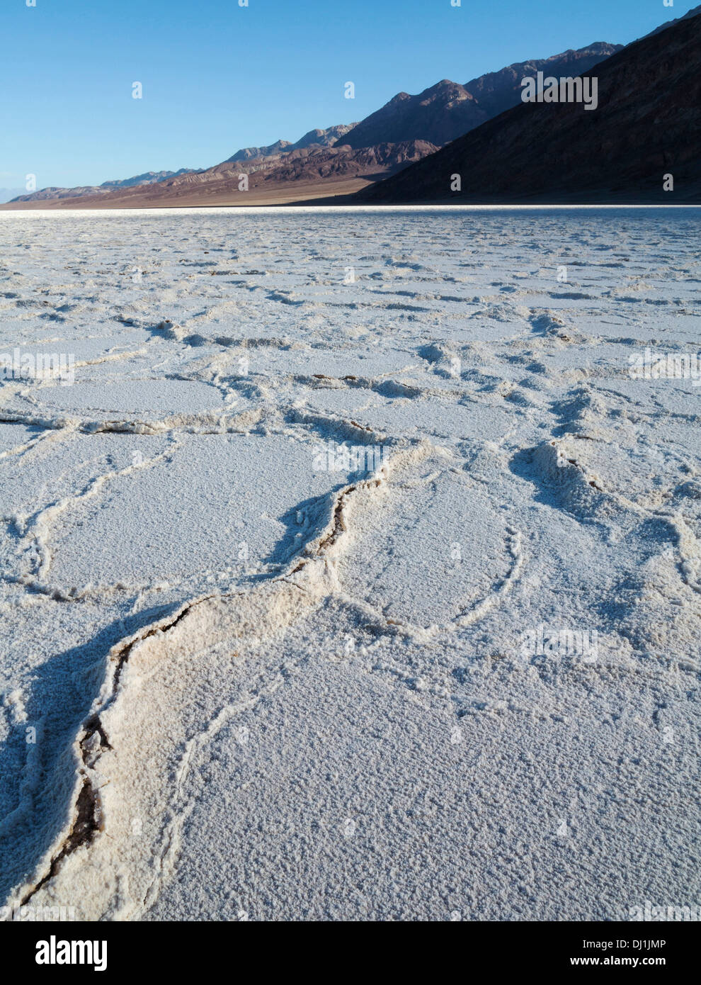 Salt crusts at the Badwater Basin salt flats in the Death Valley which ...