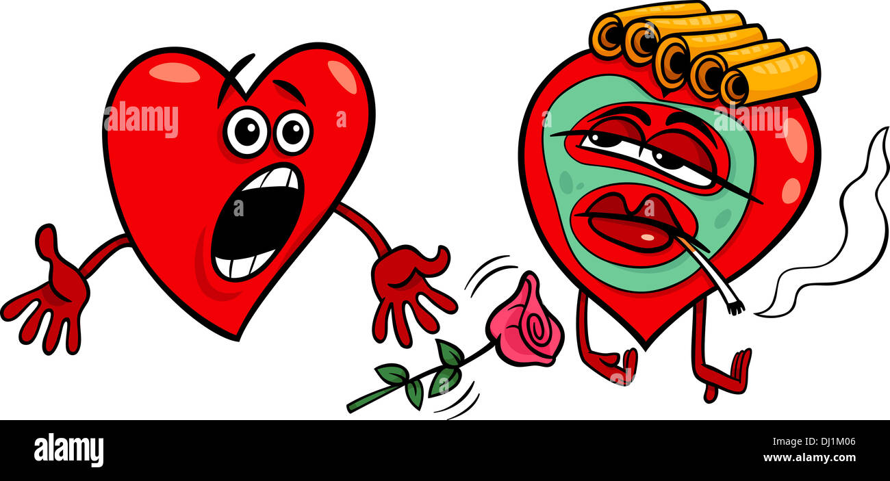 Cartoon Illustration of Terrified Male Heart and Female Heart in ...