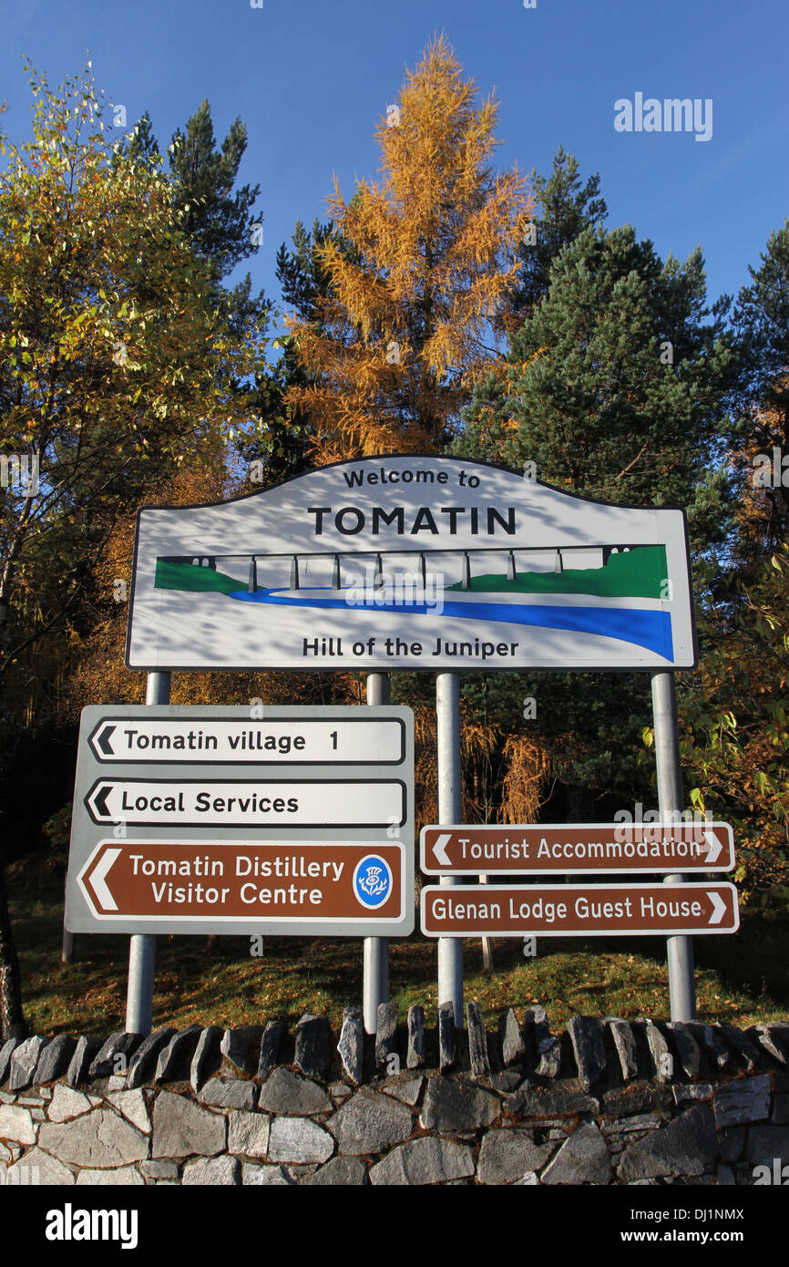 Welcome to Tomatin sign Scotland November 2013 Stock Photo - Alamy