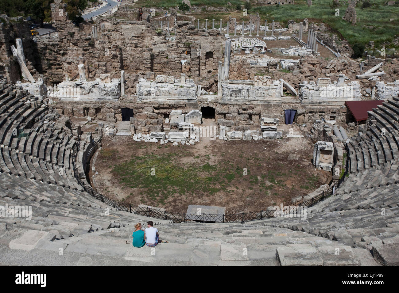 Scenic view of amphitheater in Side ancient city Antalya Stock Photo ...