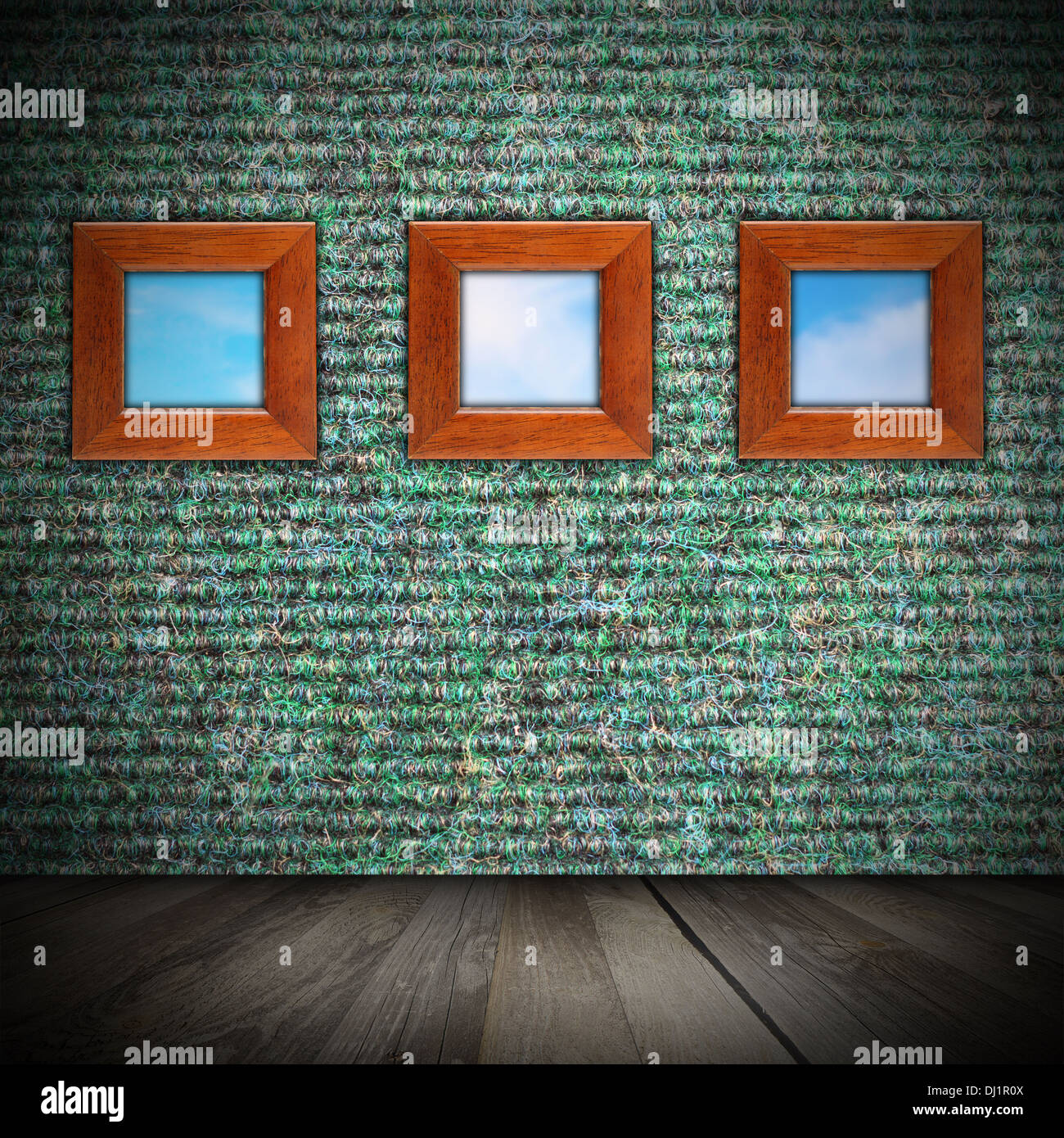 interior interesting backdrop, green finished wall with wooden frames ...