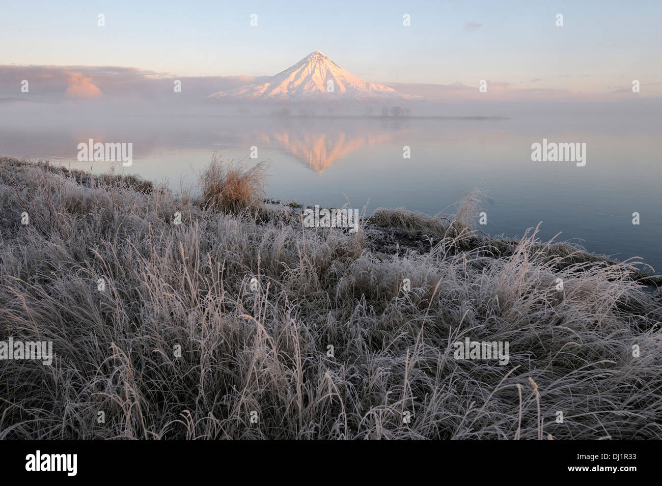 Kronotskaya Volcano and Kronotskaya River in hoarfrost. Kronotsky ...