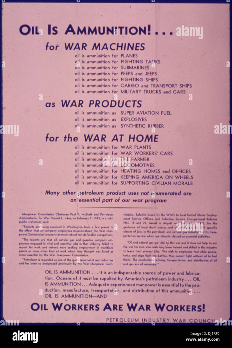 This World War II-era propaganda poster stresses the importance of oil ...