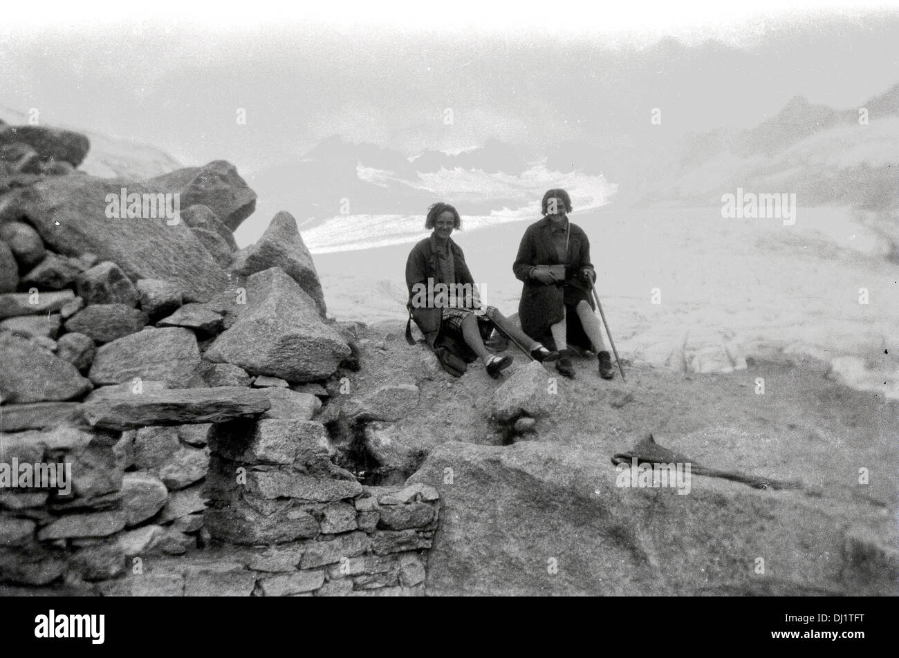 Historical picture from 1930s showing two female walkers or hikers ...