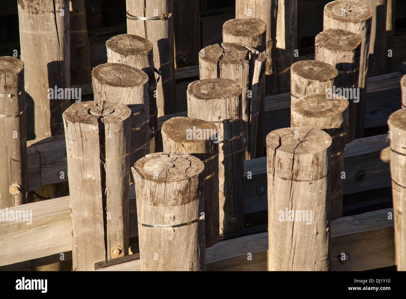 Wooden jetty pilings at St. George Ferry Terminal in Staten Island, New ...