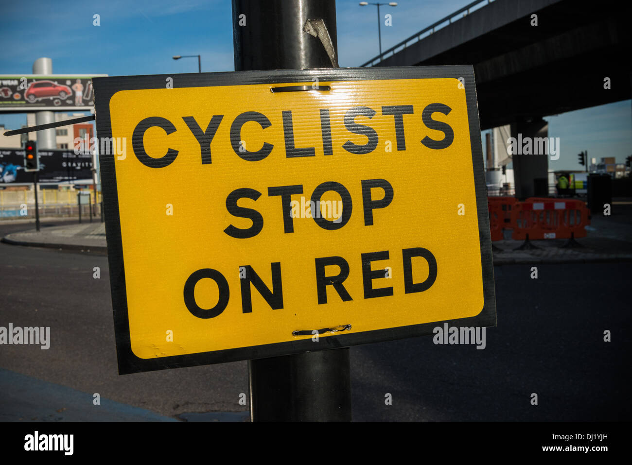 Cycling safety road signs in London Stock Photo - Alamy
