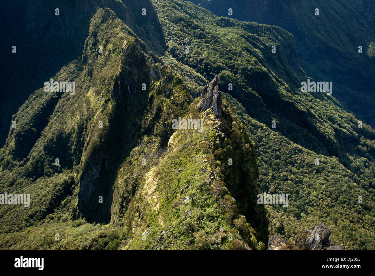 Vista area from a helicopter Cialos Cirque. Cilaos is at the center of ...