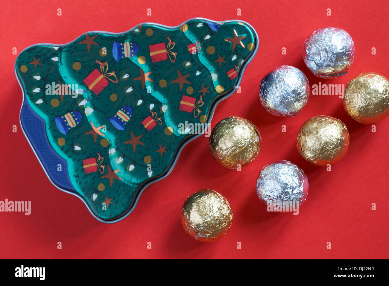 Christmas tree tin with foil covered chocolate balls - chocolates ready ...