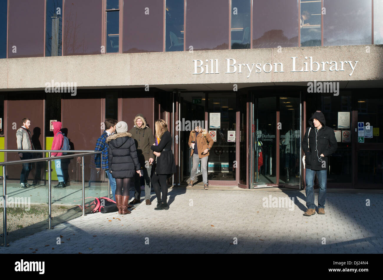 Students on Durham University campus outside the Bill Bryson Library ...