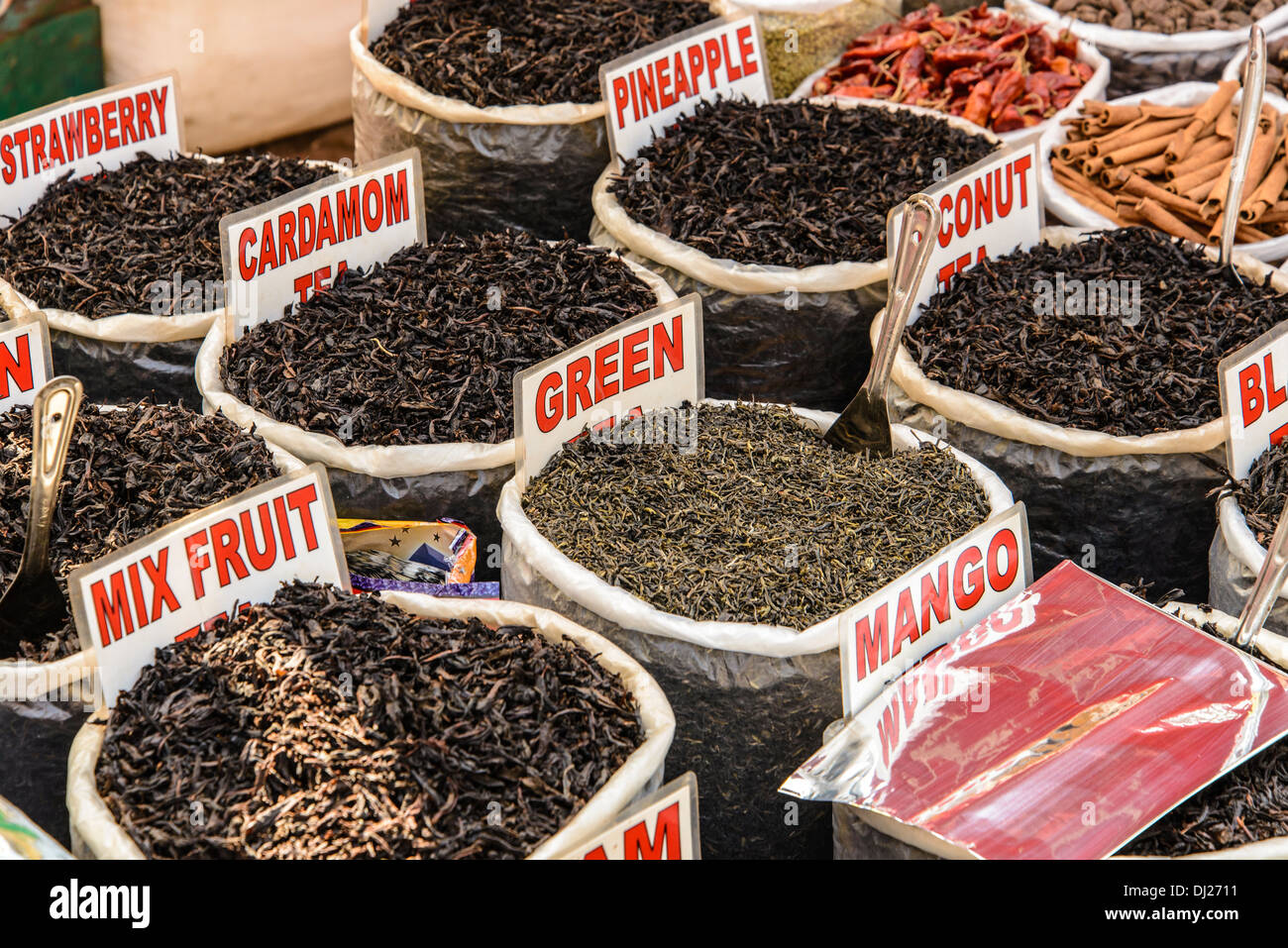 Variety of teas on sale at the Mapusa Market, Goa, India Stock Photo ...