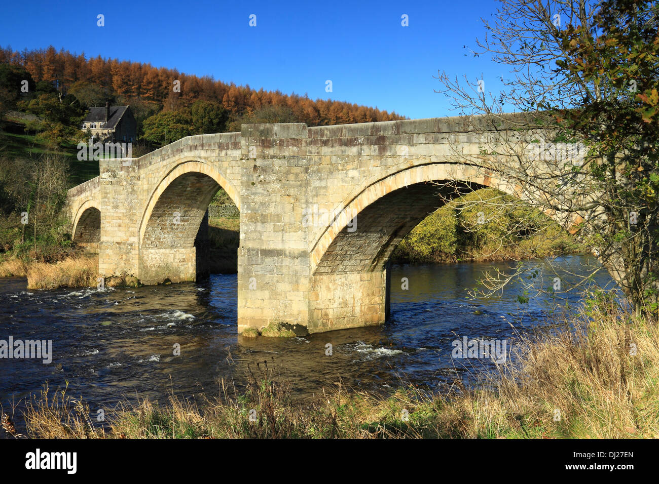 Barden Bridge, which spans the waters of the river Wharfe in Upper ...