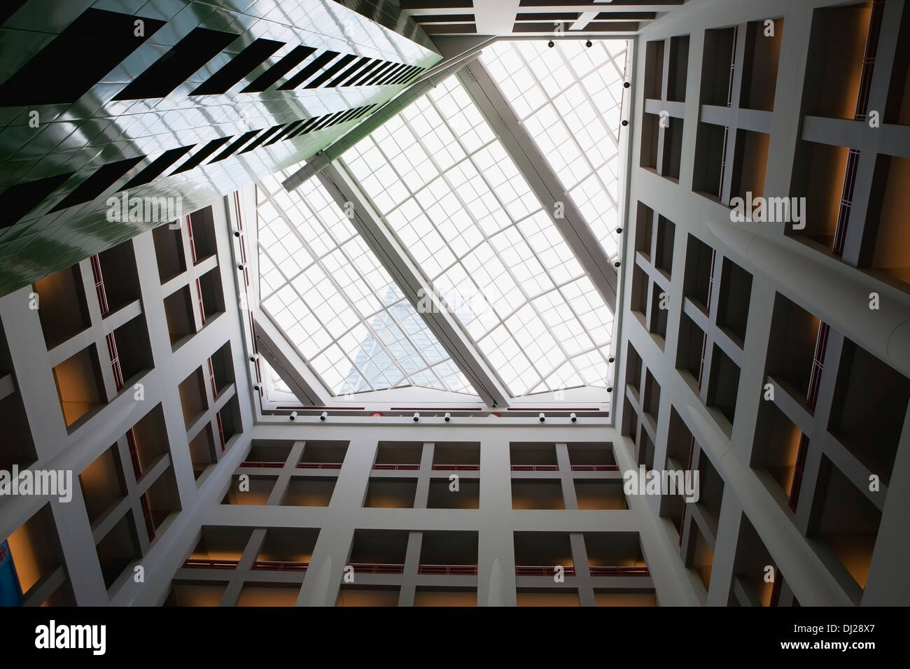 Low Angle Looking Up The Inside Atrium Of A Building With A Glass ...