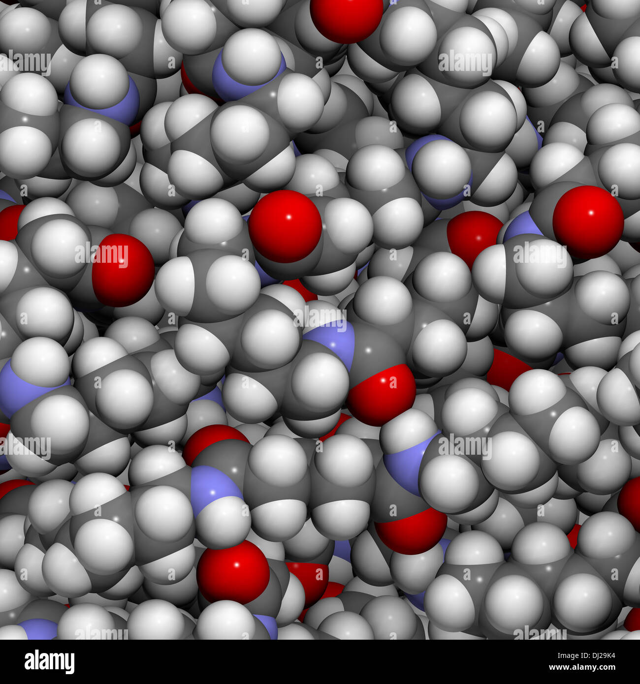 Nylon (nylon-6,6) plastic polymer, chemical structure - detail. Atoms ...