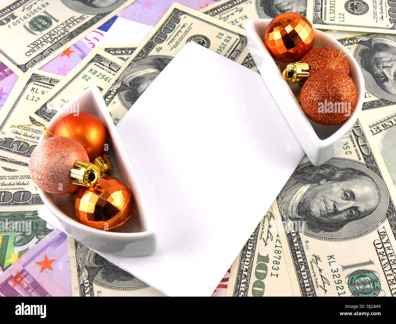 Christmas balls set, blank paper, dollar background Stock Photo - Alamy