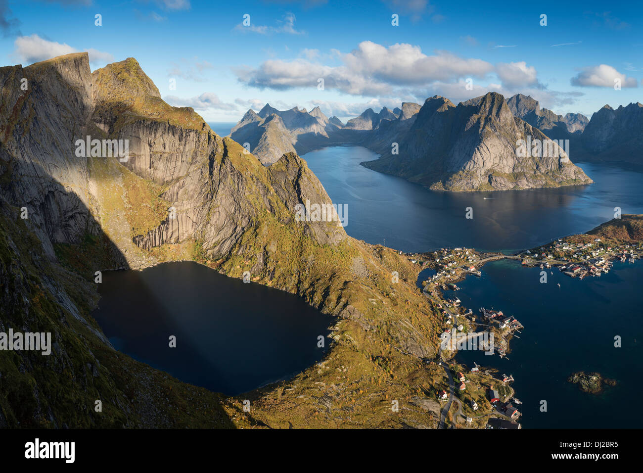 View over Reine and Fjord landscape from summit of Reinebringen ...