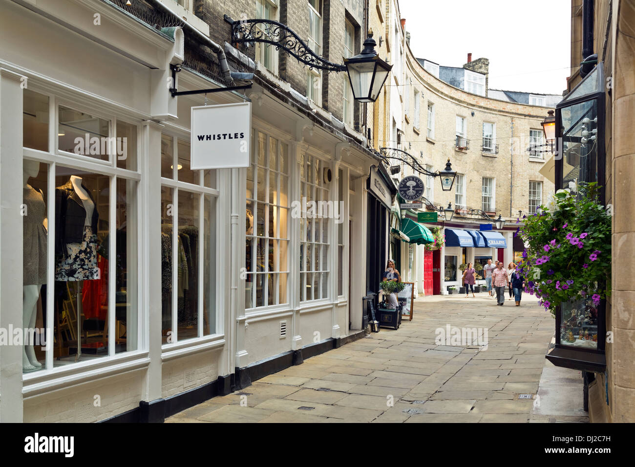Row of shops in a narrow lane in Rose Crescent, Cambridge city, England ...
