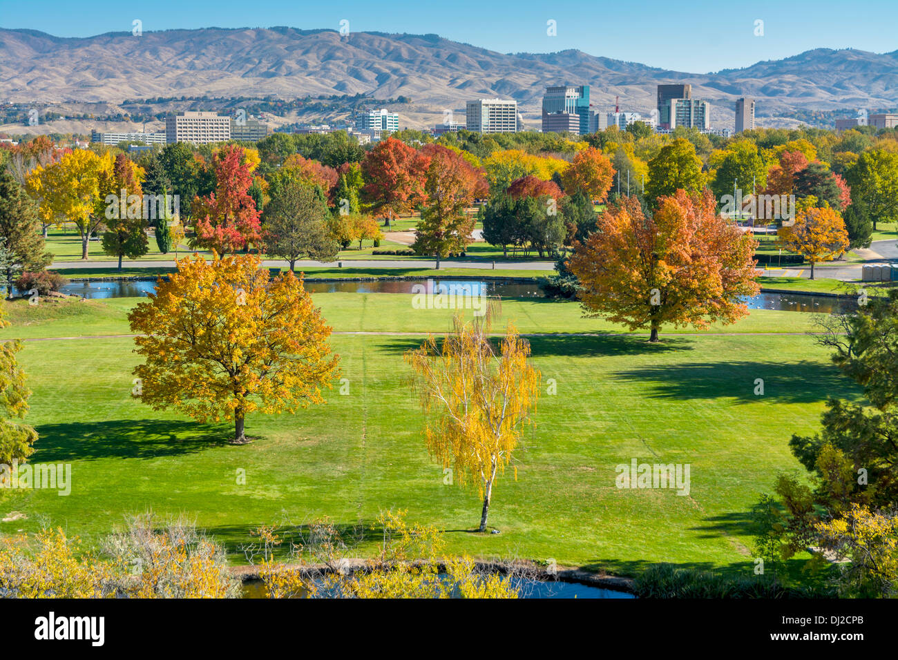 Grass field of a park and mountains with the City of Boise Idaho Stock ...