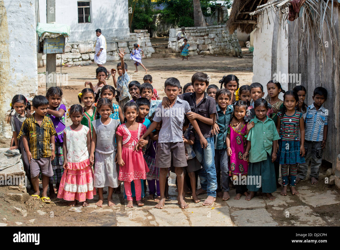 Happy young Indian children in a rural indian village. Andhra Pradesh ...