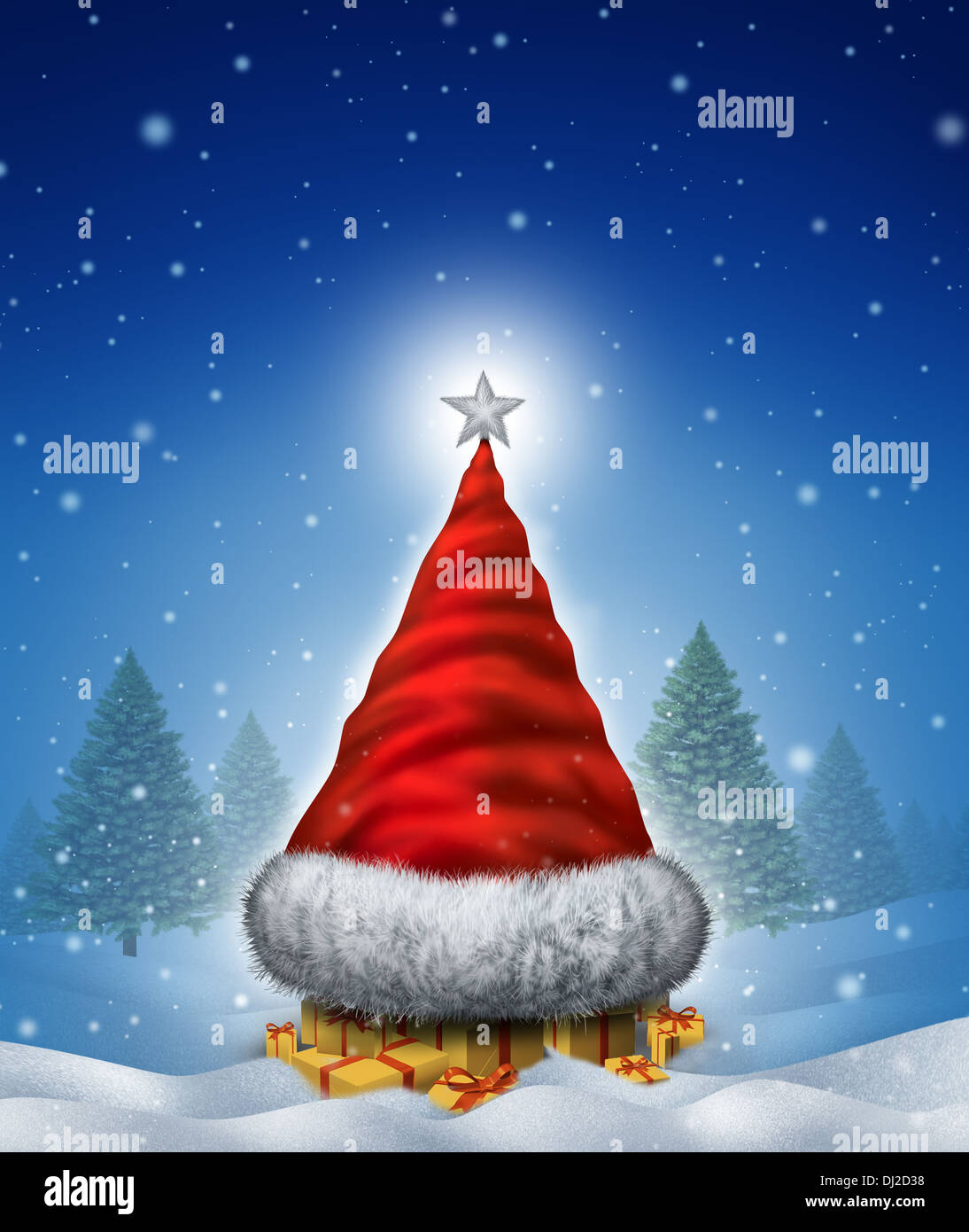 Christmas hat tree concept with a Santa Clause red head gear shaped as ...