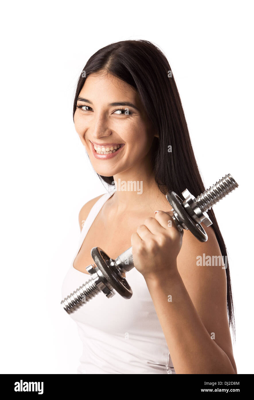 Cute fitness girl working out with dumbbells over white Stock Photo - Alamy