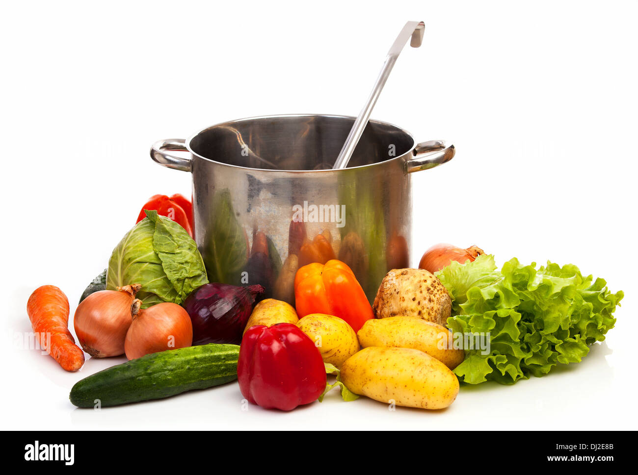 Set of fresh vegetables,casserole and ladle over white Stock Photo - Alamy