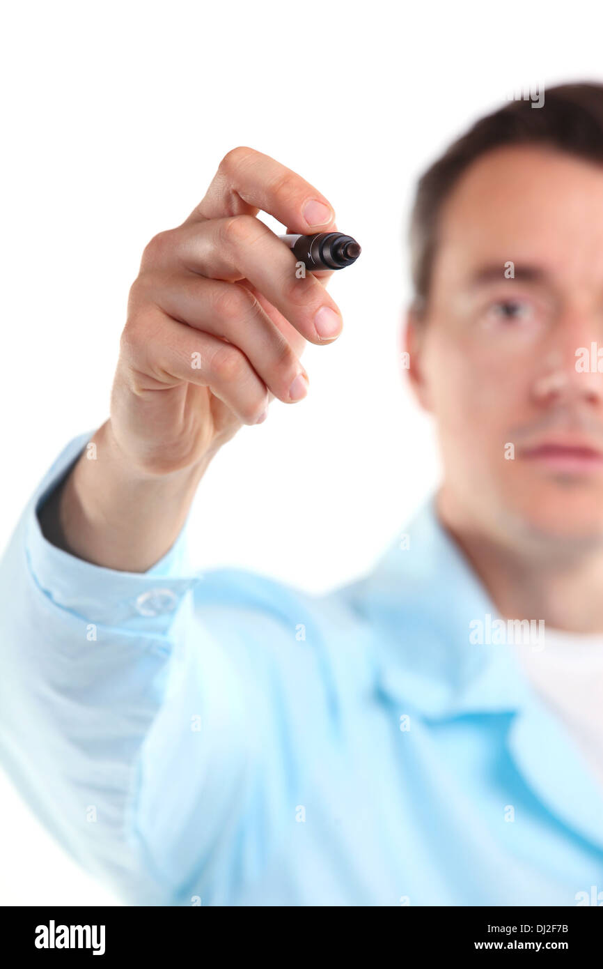 Young Caucasian man writing on glass with marker pen Stock Photo - Alamy