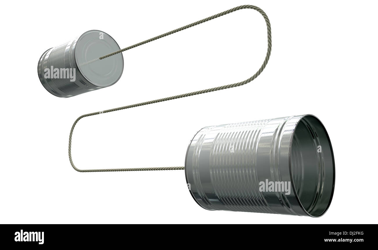 A stylised pair of homemade telephones made from tin cans and connected ...