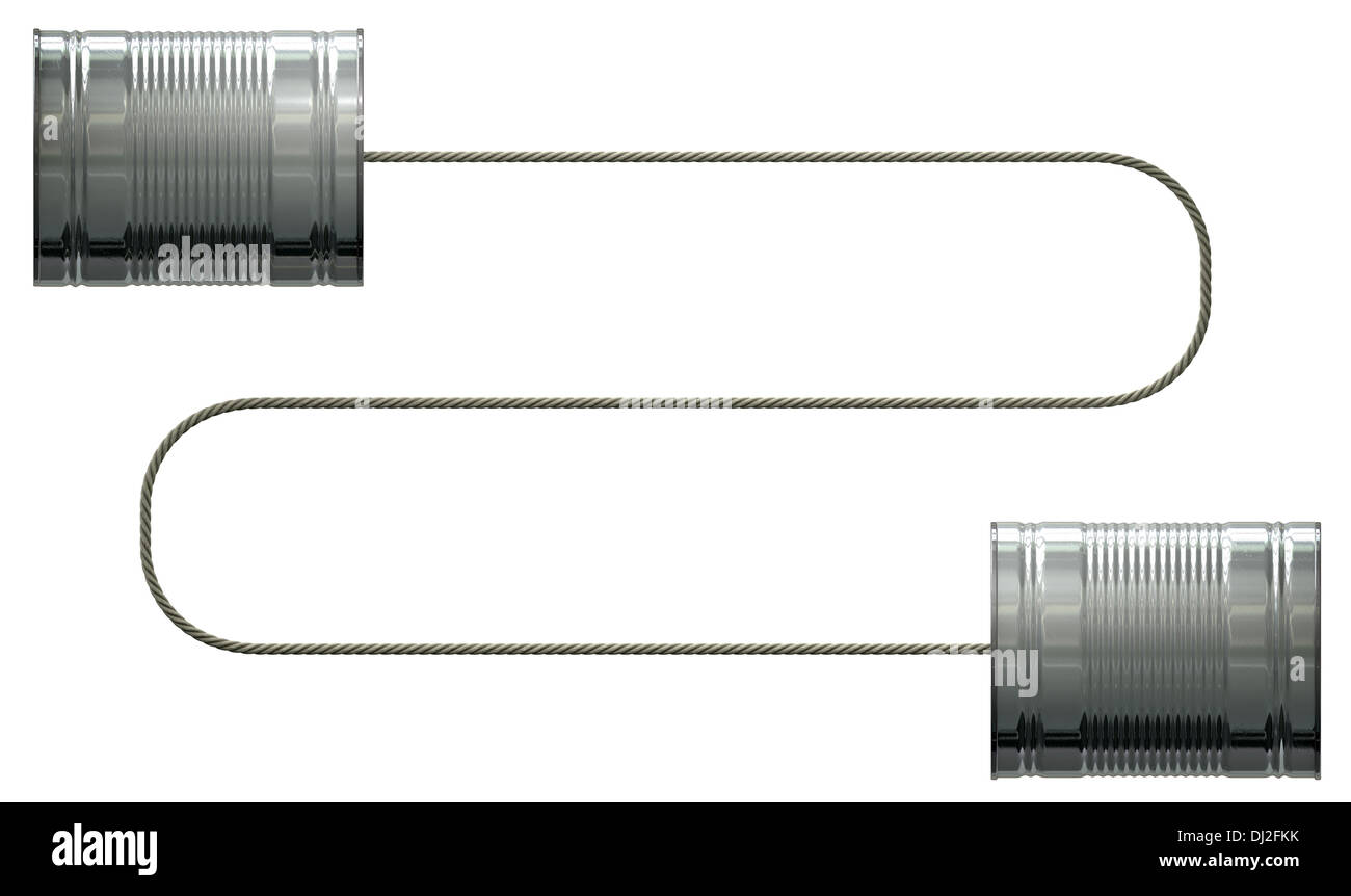 A stylised pair of homemade telephones made from tin cans and connected ...