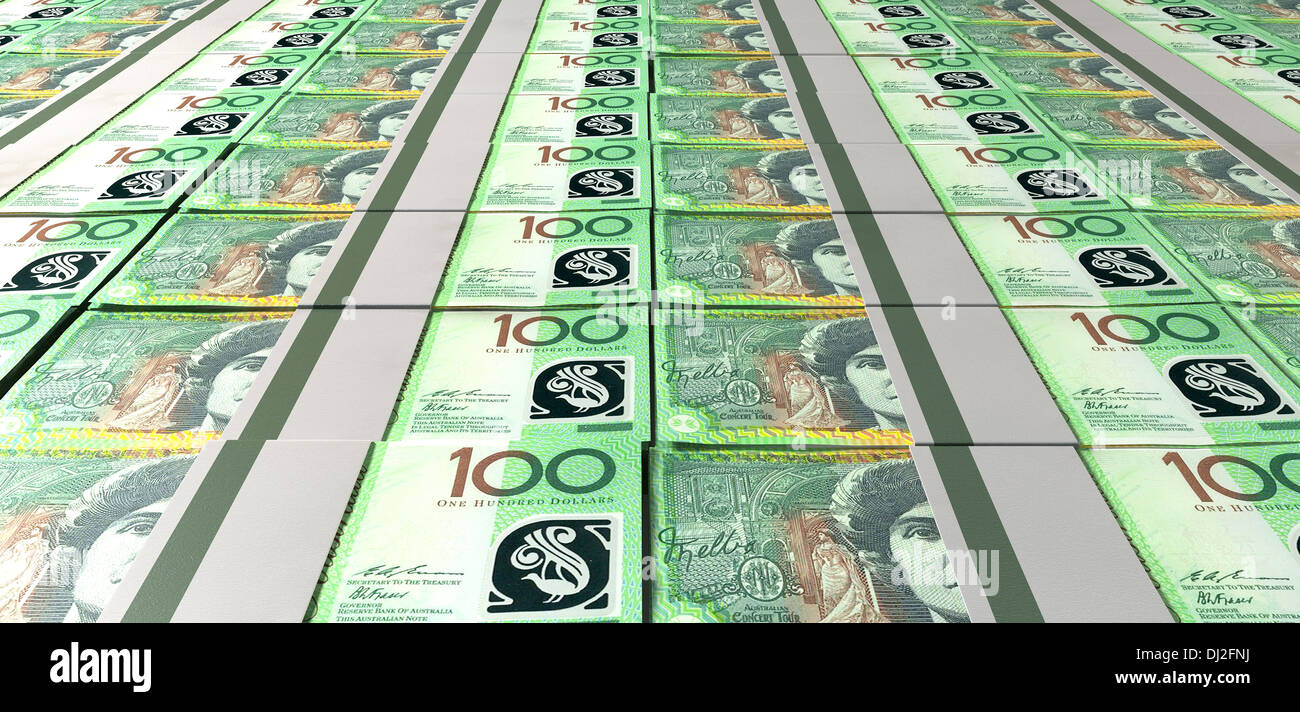 A laid out collection of bundled one hundred australian dollar bill ...