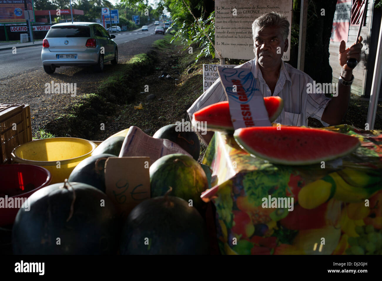 Fruit stall in Sainte-Suzanne, a town near Saint Denis. The fruit ...